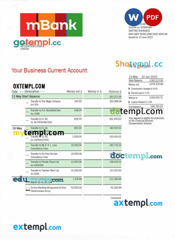 MBank company statement Word and PDF template
