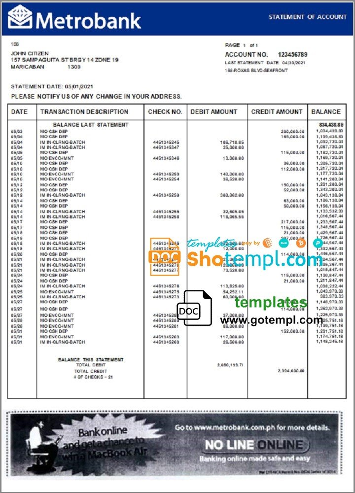 United Kingdom Metrobank bank statement in Word and PDF format