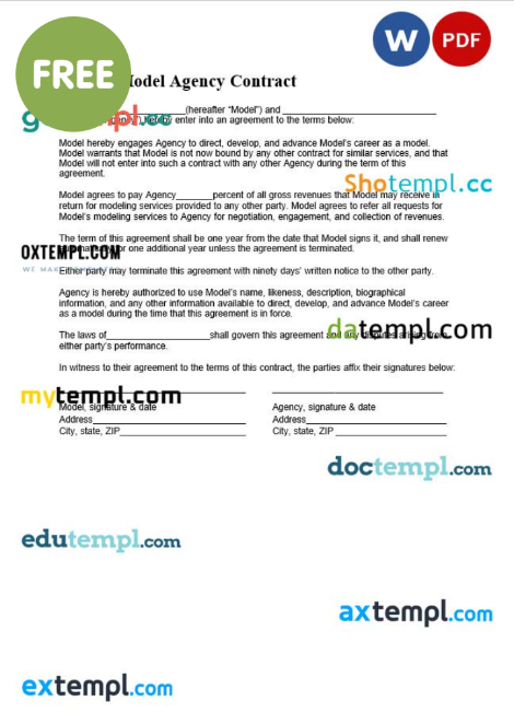 free model agency contract template, Word and PDF format