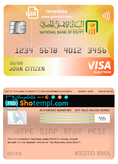 Egypt National Bank visa electron card template in PSD format, fully ...
