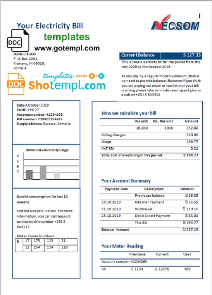 Somalia NESCOM Company electricity utility bill template in Word and ...