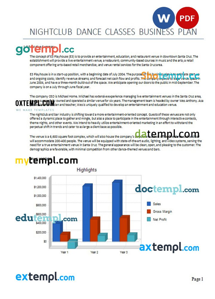 free nightclub dance classes business plan template in Word and PDF formats