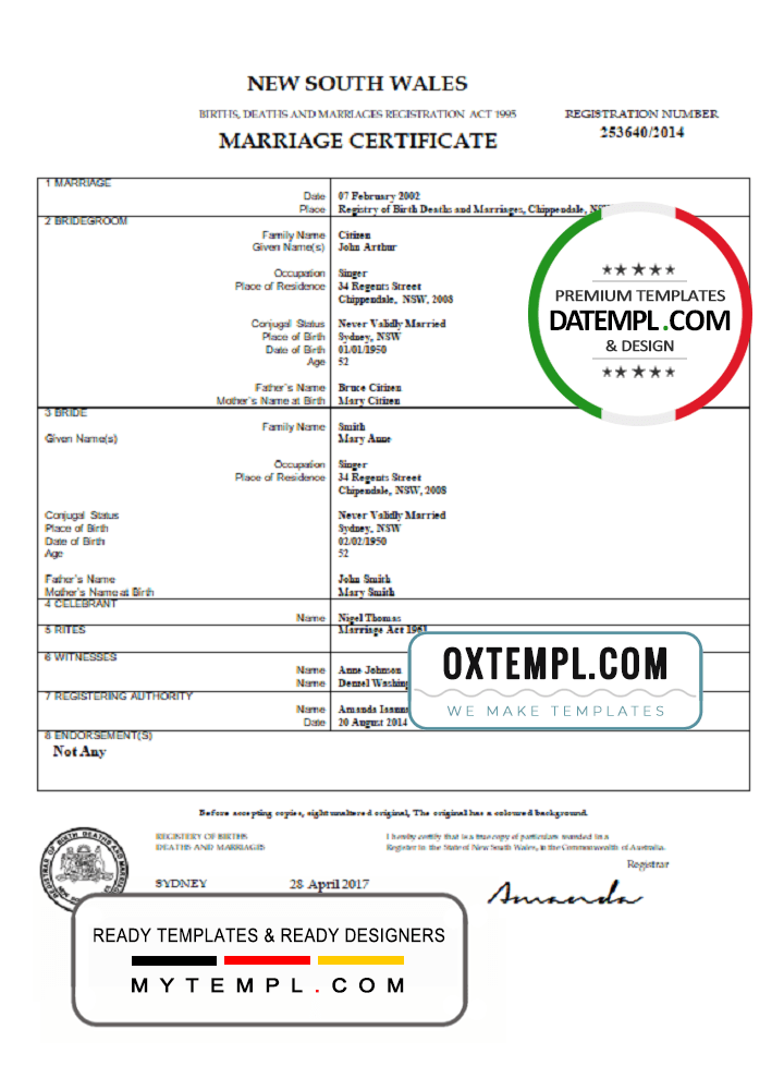 Australia New South Wales marriage certificate template in Word format