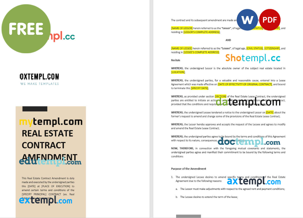 free real estate contract amendment template, Word and PDF format