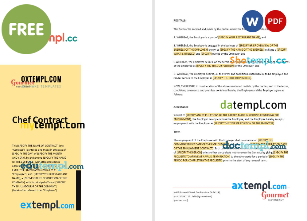 free restaurant chef contract template, Word and PDF format