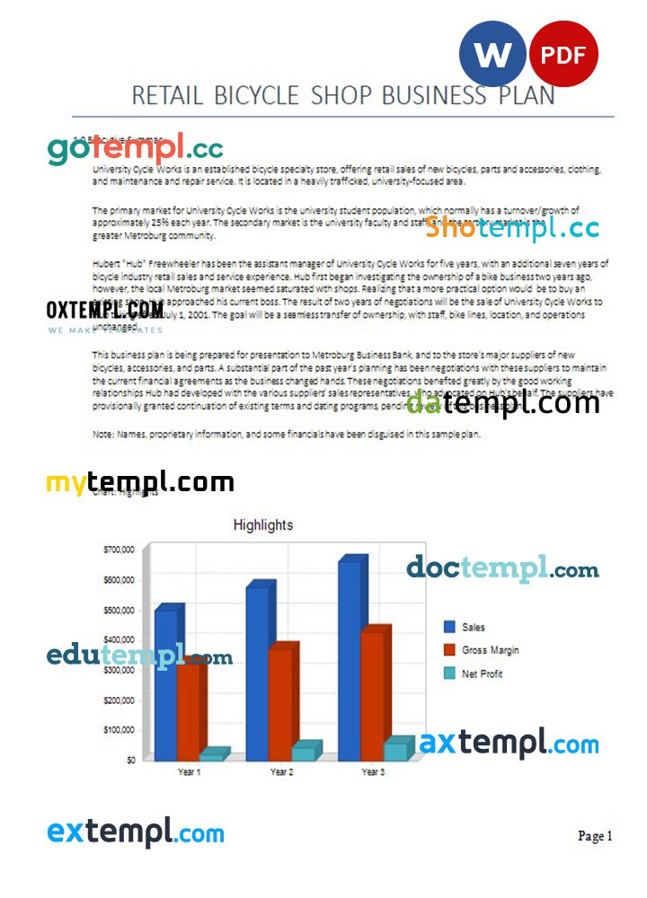free retail bicycle shop business plan template in Word and PDF formats