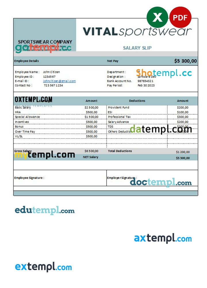 sportswear company earning statement template in Excel and PDF formats