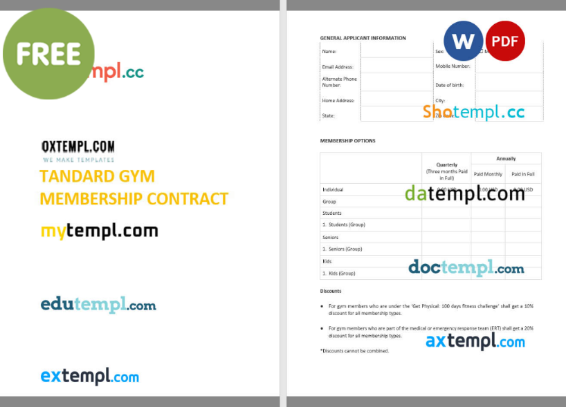 free standard gym membership contract template, Word and PDF format