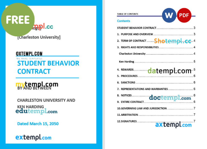 free student behavior contract template, Word and PDF format