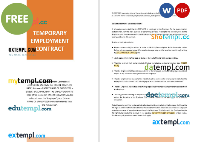 free temporary employment contract template, Word and PDF format