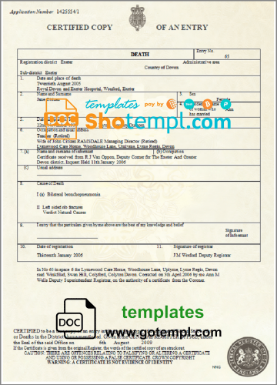 United Kingdom death certificate template in Word and PDF format