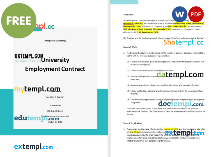 free university employment contract template, Word and PDF format ...