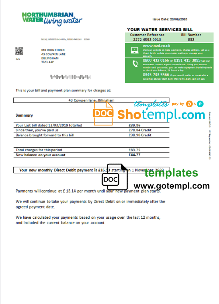 United Kingdom Northumbrian Water utility bill template in Word and PDF ...