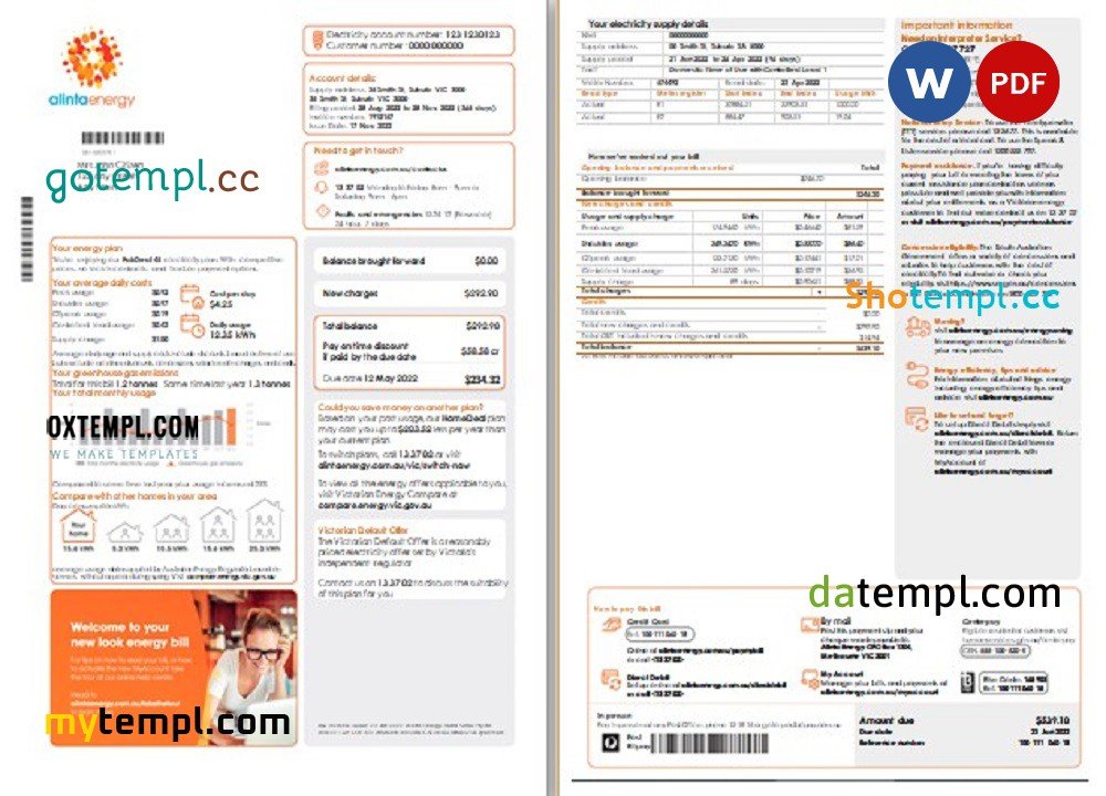 Australia Alinta Energy electricity utility bill template in Word and ...