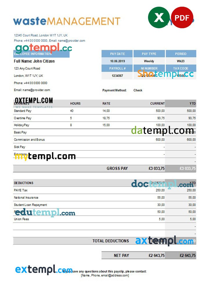 waste management company earning statement template in Excel and PDF ...