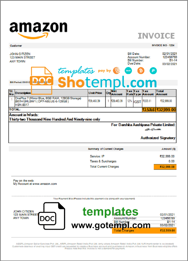 USA Amazon invoice template in Word and PDF format, fully editable