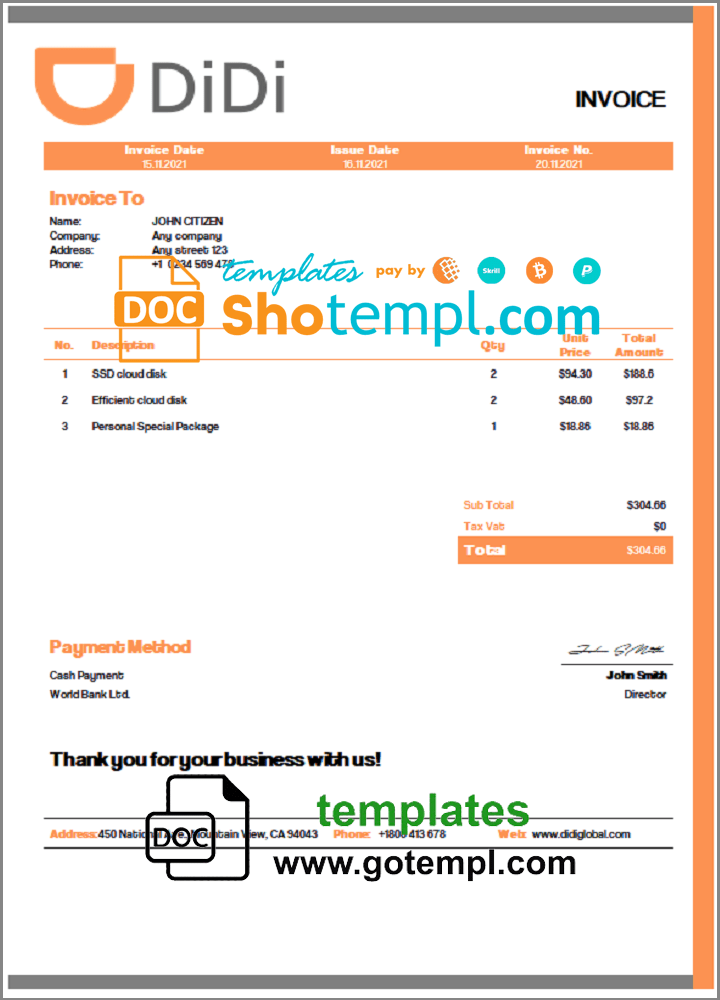 USA Didi Chuxing invoice template in Word and PDF format, fully ...