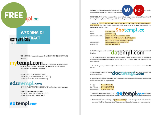 free wedding DJ contract template, Word and PDF format
