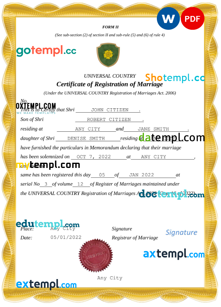 # dreams universal marriage certificate Word and PDF example, fully ...