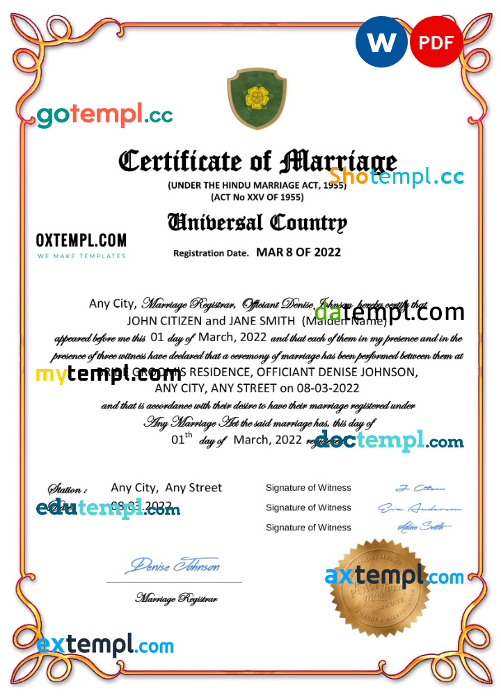 # gloss universal marriage certificate Word and PDF example, completely ...