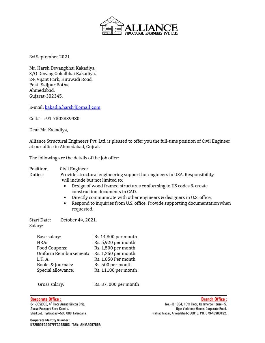 Alliance Structural Engineers Pvt. Ltd. Civil Engineer offer letter in ...