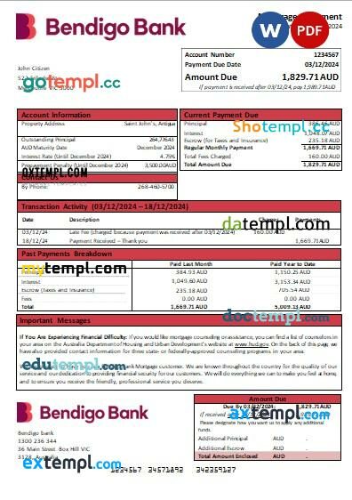 Australia Bendigo bank mortgage statement, editable template in PDF and ...