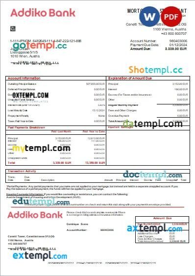 Austria Addiko bank mortgage statement, editable template in PDF and ...