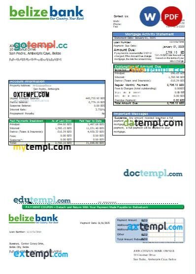 Belize Belizebank bank mortgage statement, editable template in PDF and ...