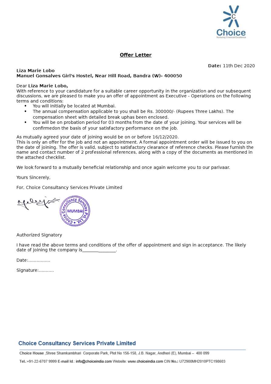 Choice Consultancy Services Pvt. Ltd. Executive offer letter in Word ...
