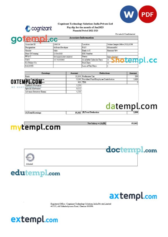 Cognizant Technology Solutions India payslip template in Word and PDF ...