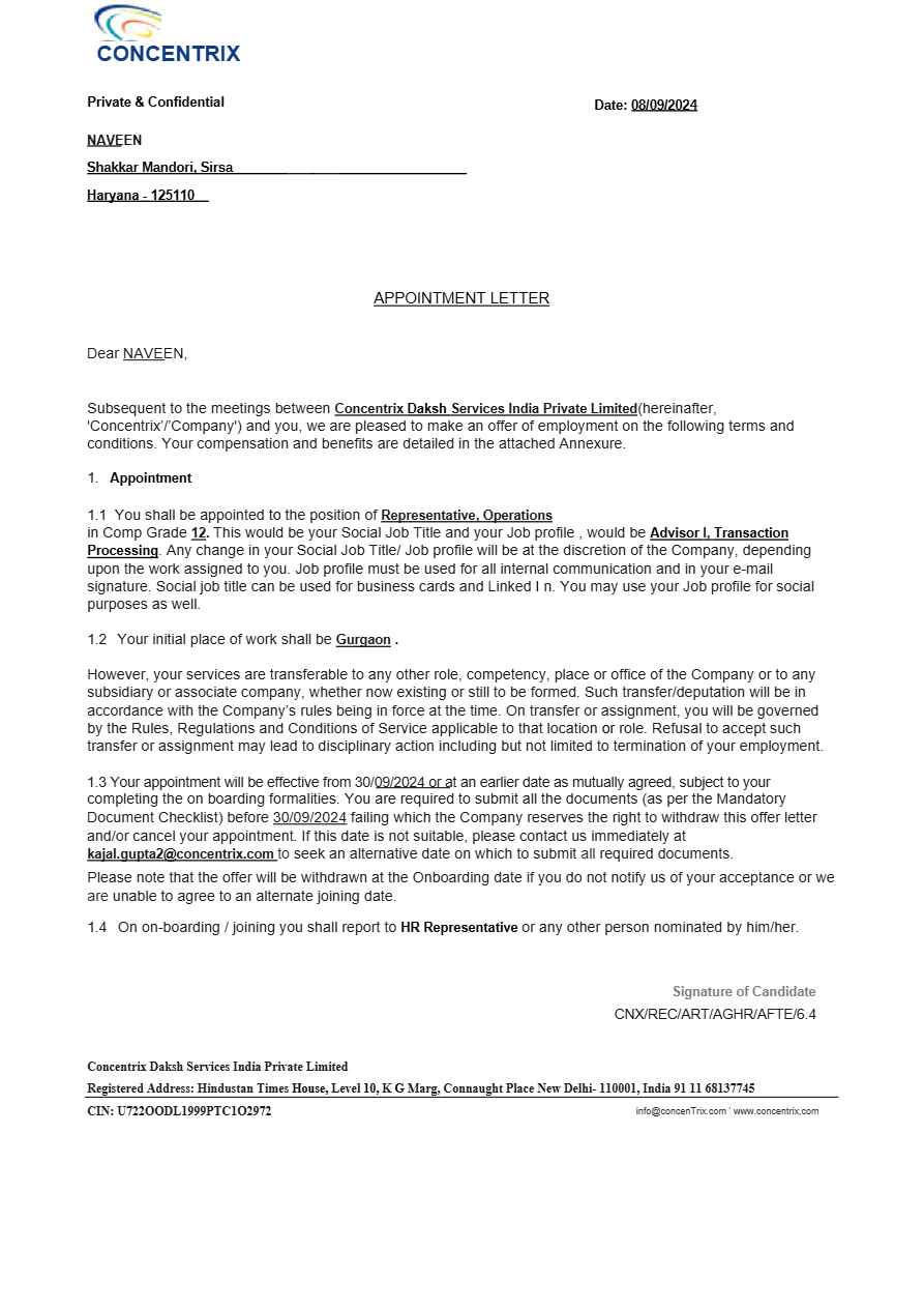 Concentrix Daksh India Pvt. Ltd. Advisor Transaction Processing offer ...