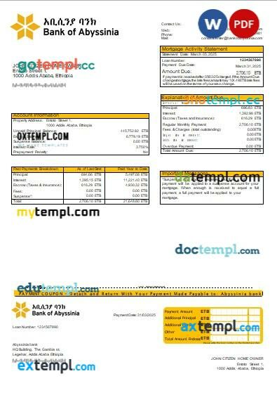 Ethiopia Bank of Abyssinia bank mortgage statement, editable template ...