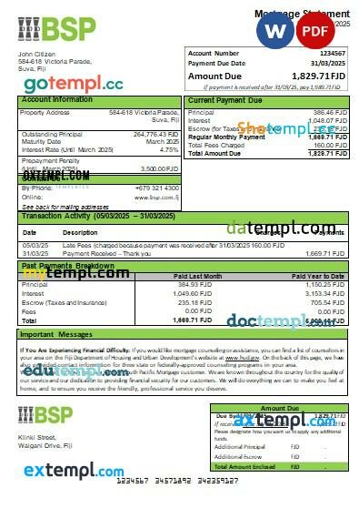 Fiji Bank of South Pacific bank mortgage statement, editable template ...