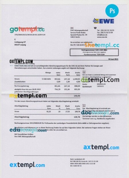 Germany EWE utility bill in PSD format