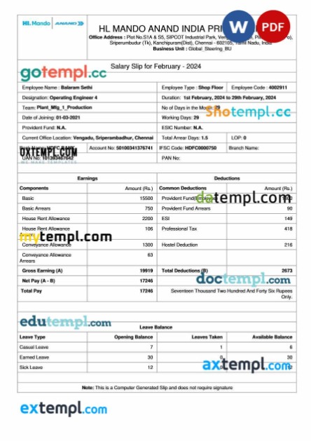 HL Mando Anand India manufacturer salary slip template in Word and PDF ...