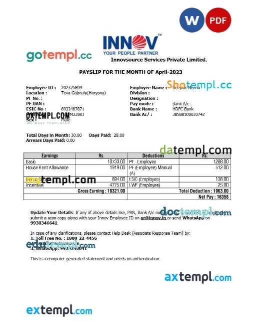Innovsource Services staffing company payslip template in Word and PDF ...