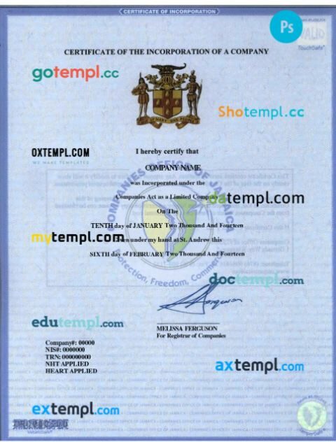 Jamaica company registration certificate PSD template