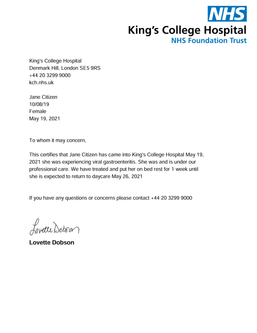 King’s College Hospital doctor note template in Word and PDF formats