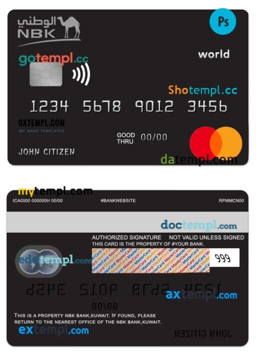 Kuwait NBK Bank world mastercard template in PSD format