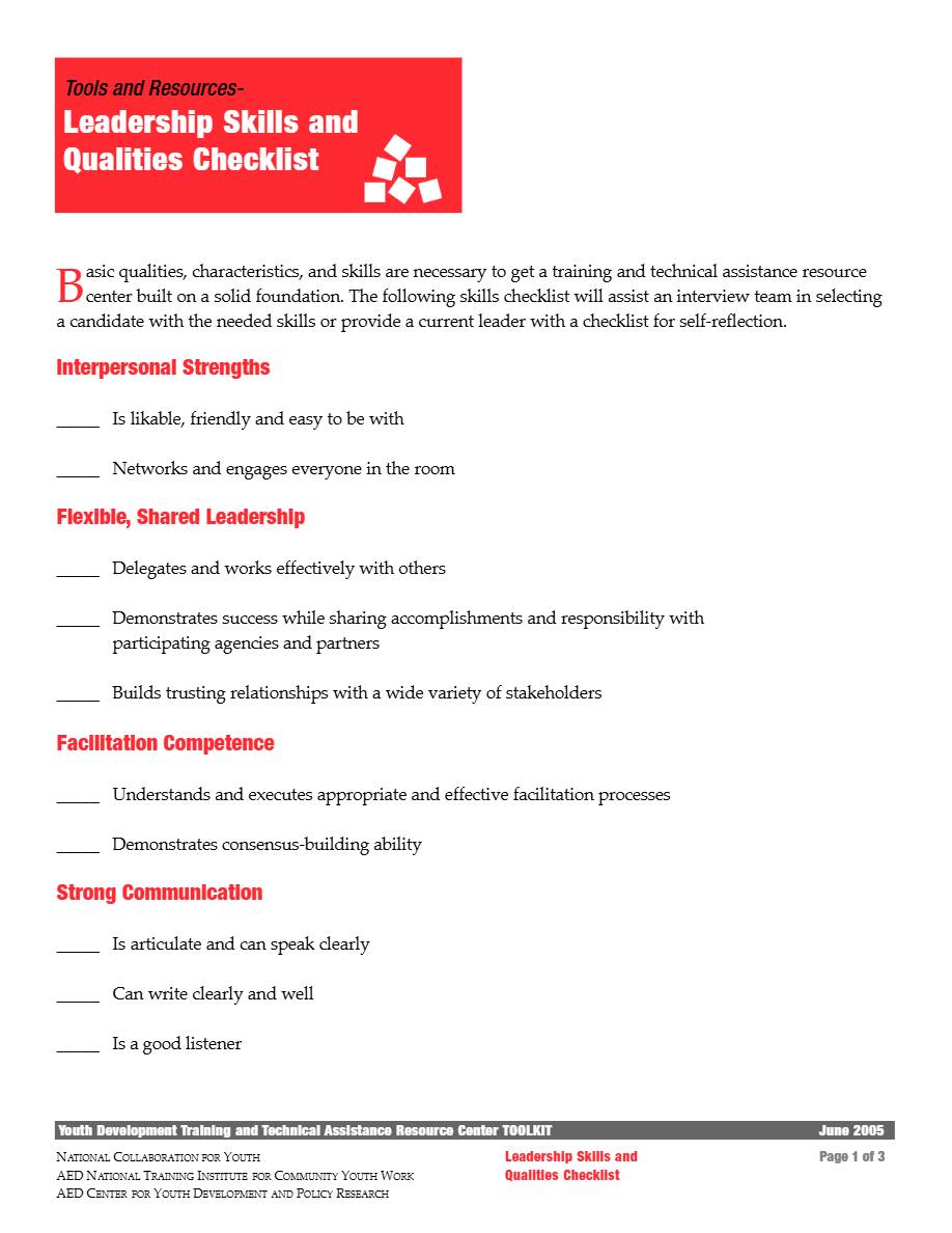 Leadership Skills and Qualities checklist template in Word and PDF ...