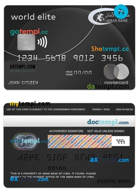 Libya Aman Bank mastercard world elite card template in PSD format