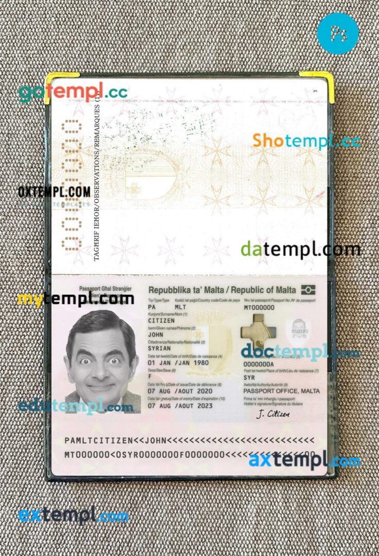Malta passport PSD files, editable scan and photo-realistic look sample ...