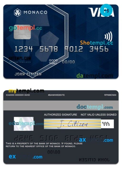 Monaco Bank of Monaco visa debit card template in PSD format