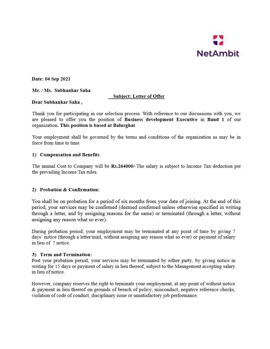 NetAmbit Business Development Executive offer letter in Word and Pdf ...