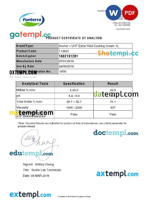 New Zealand Fonterra product certificate of analysis editable template ...