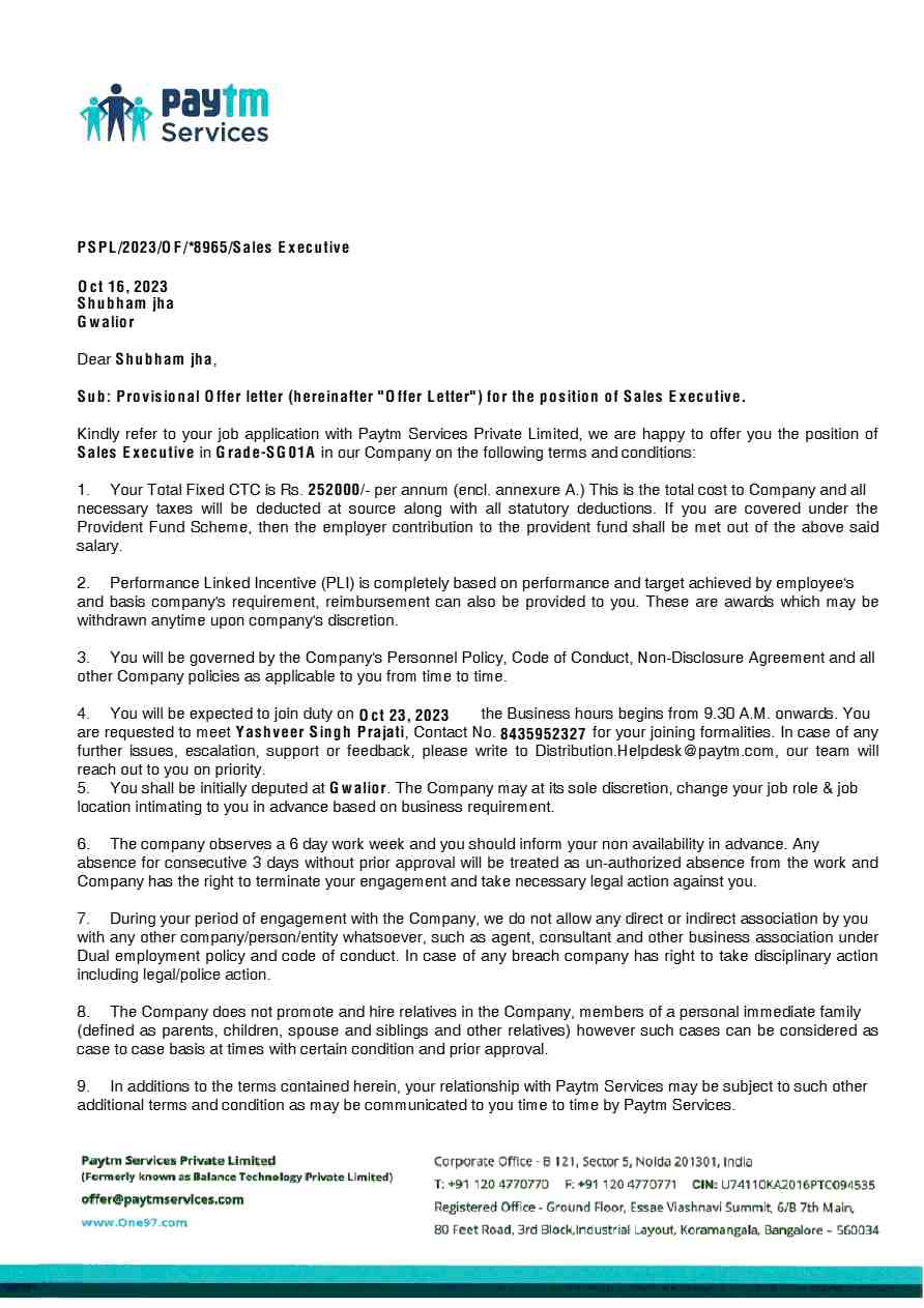 Paytm Services Pvt. Ltd. Sales Executive offer letter in Word and Pdf ...