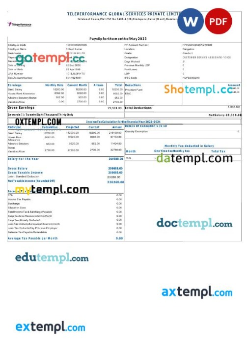 Teleperformance Global Services payslip template in Word and PDF ...