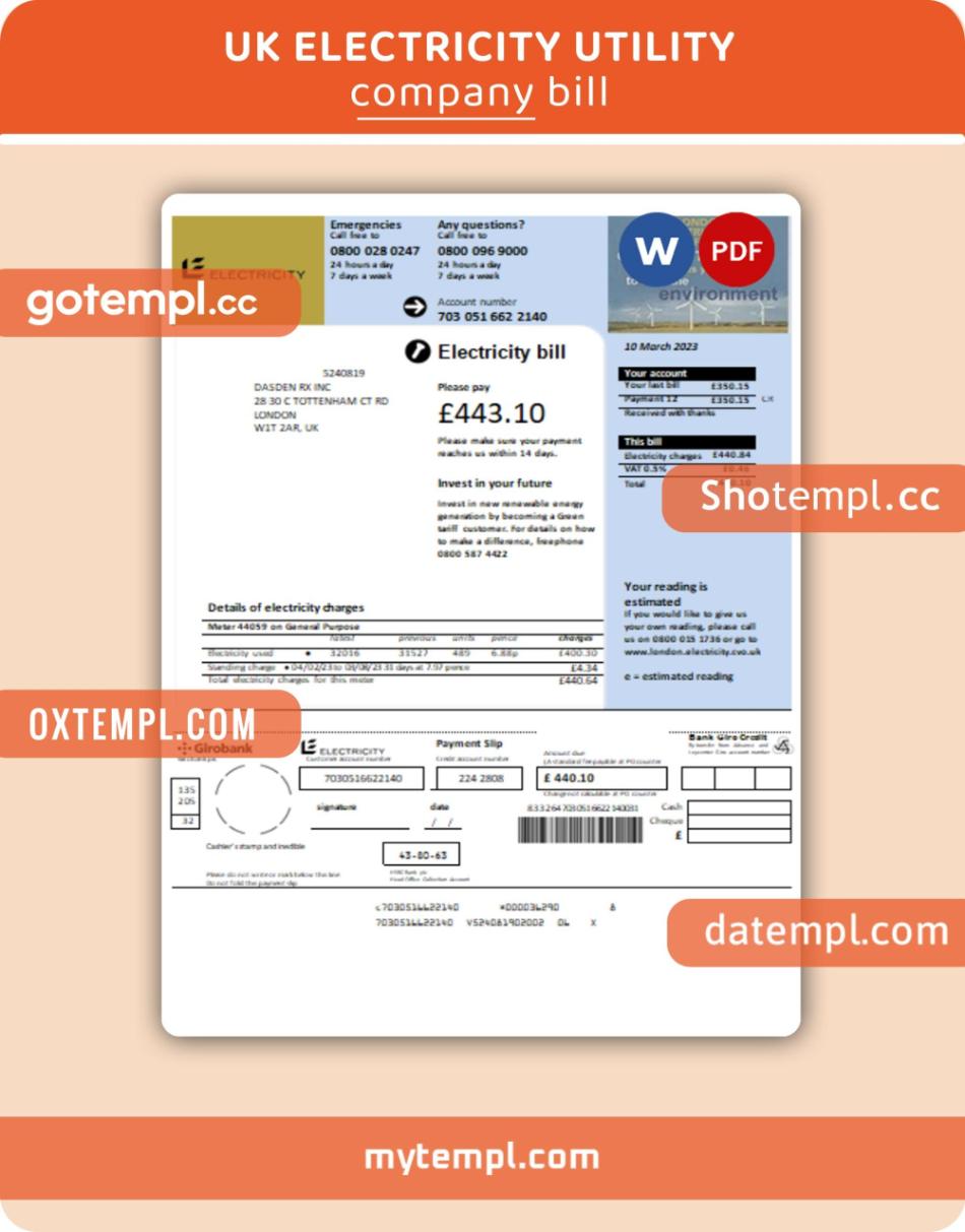 UK Electricity business utility bill, Word and PDF template