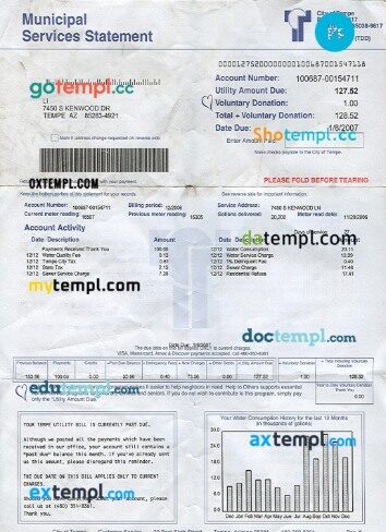 USA Arizona water utility bill in PSD format, 2 pages