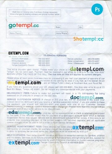 USA Arizona water utility bill in PSD format, 2 pages